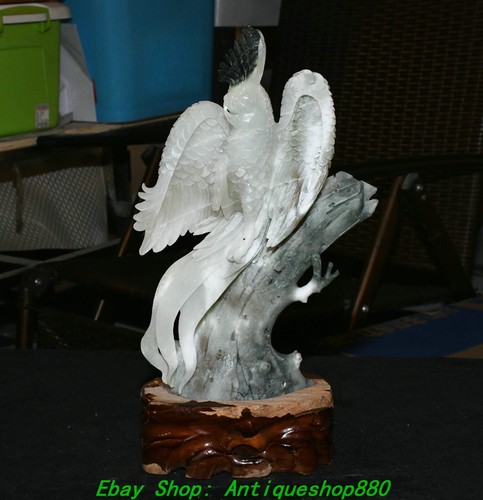 11.4''Chinese Natural Dushan Jade Carved Stump Parrot Bird Statue ...