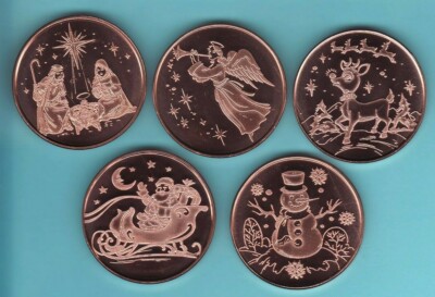 MERRY CHRISTMAS SET 1 oz copper rounds 5 Coin Set CHRISTMAS TREE BACK ...