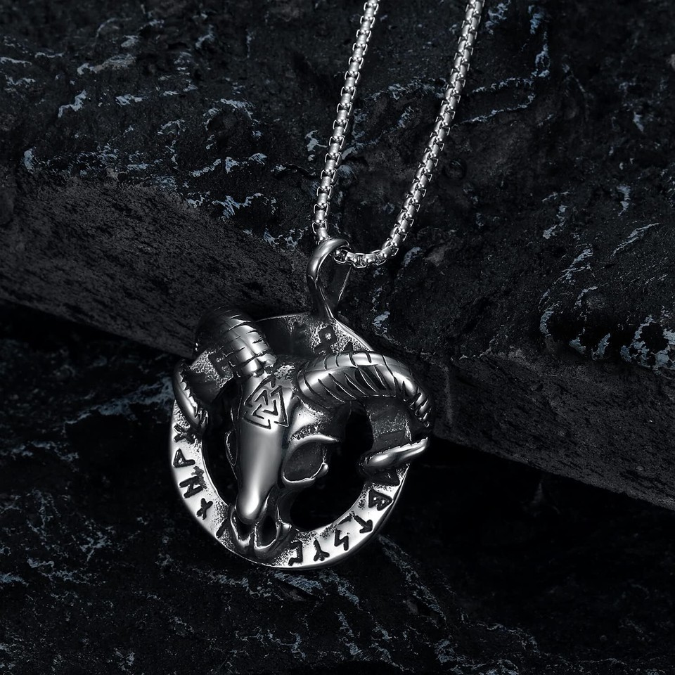 Stainless Steel Norse Nordic Viking Valknut Odin Goat Head Rune Pendant ...