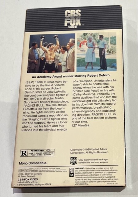 Raging Bull (1980) (VHS 1991) Robert De Niro Joe Pesci Cathy Moriarty ...