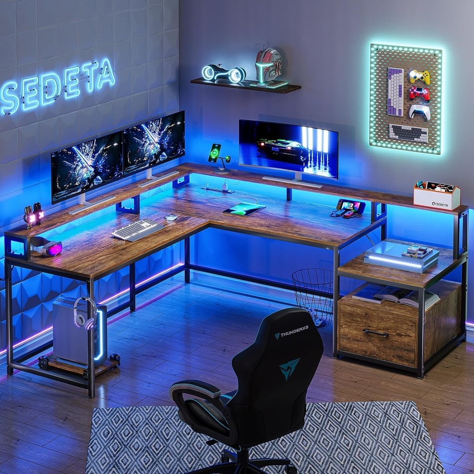 L Shaped Computer Desk with Led Light, 66" Home Office Desk with Power ...