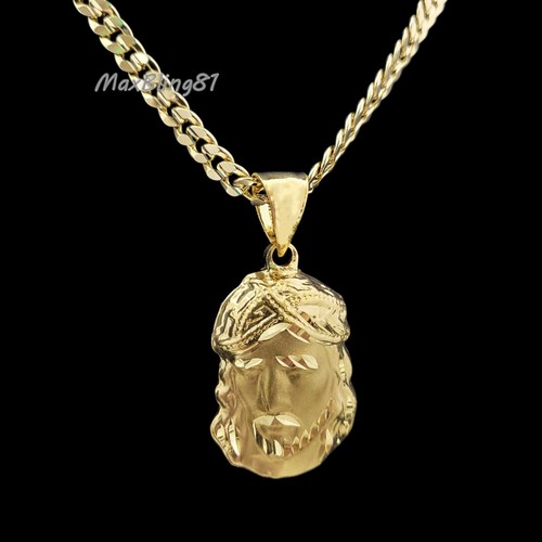 AAA+ Brass Jesus Portrait Religious Pendant & 14K Stamped Cuban Chain ...