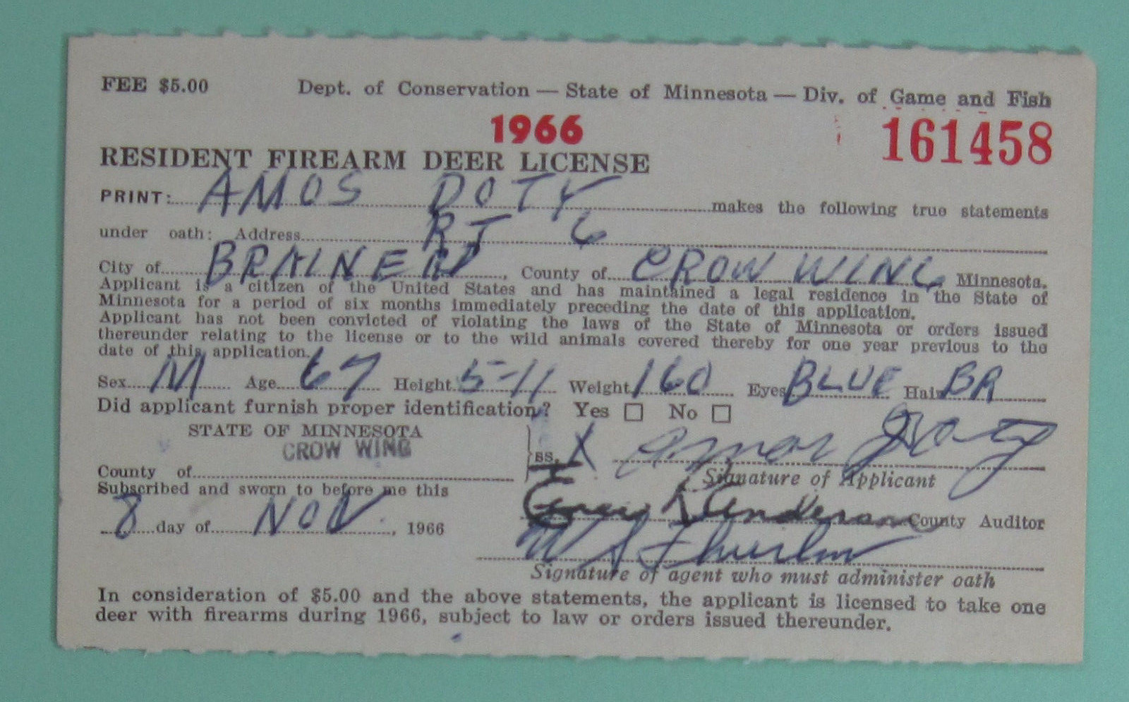 1966 Minnesota Resident Firearm Deer Hunting License Tag...Free ...