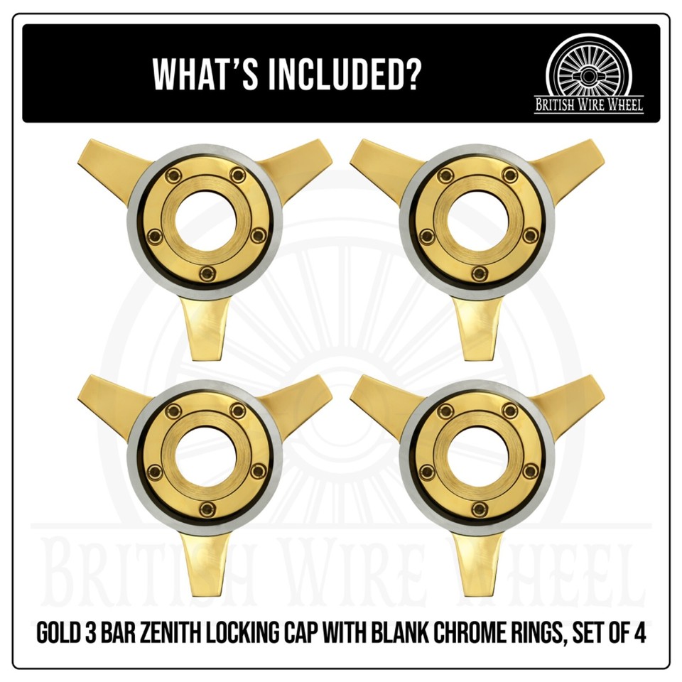 Locking 3 Bar Zenith Cut Gold Knock Off Spinner Caps w/ Chrome (No Logo ...