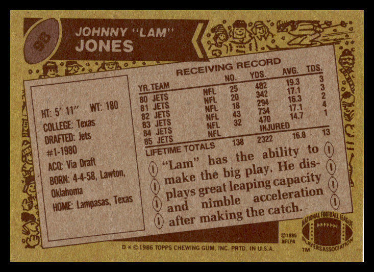 1986 Topps Lam Jones #98 New York Jets | eBay