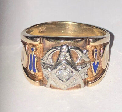 Vintage Masonic Ring 10K w/ Diamond & Blue Enamel sz 12 Yellow Gold ...