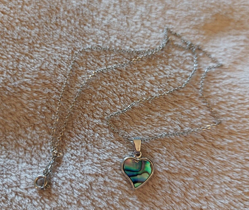Love heart charm necklace with blue green Paua shell, 17" chain | eBay