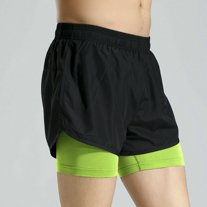 Men Double Layer Sport Shorts Quick Dry Fitness Training Running Half ...
