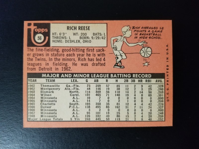 RICH REESE 1969 TOPPS BASEBALL CARD # 56 MINNESOTA TWINS | eBay
