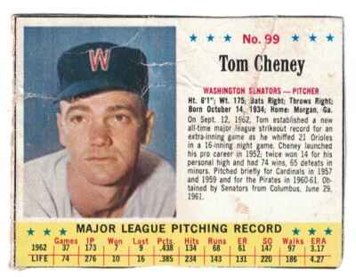 1963 Jello #99, Tom Cheney, Washington Senators, Filler | eBay