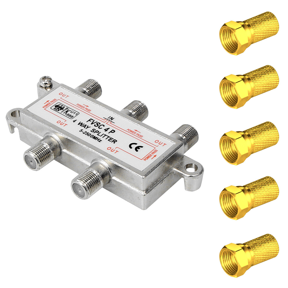2-fach SAT Verteiler + 2 F-Stecker für 6,5mm Kabel Ø Vergoldet + 20cm 100dB TV | eBay.de