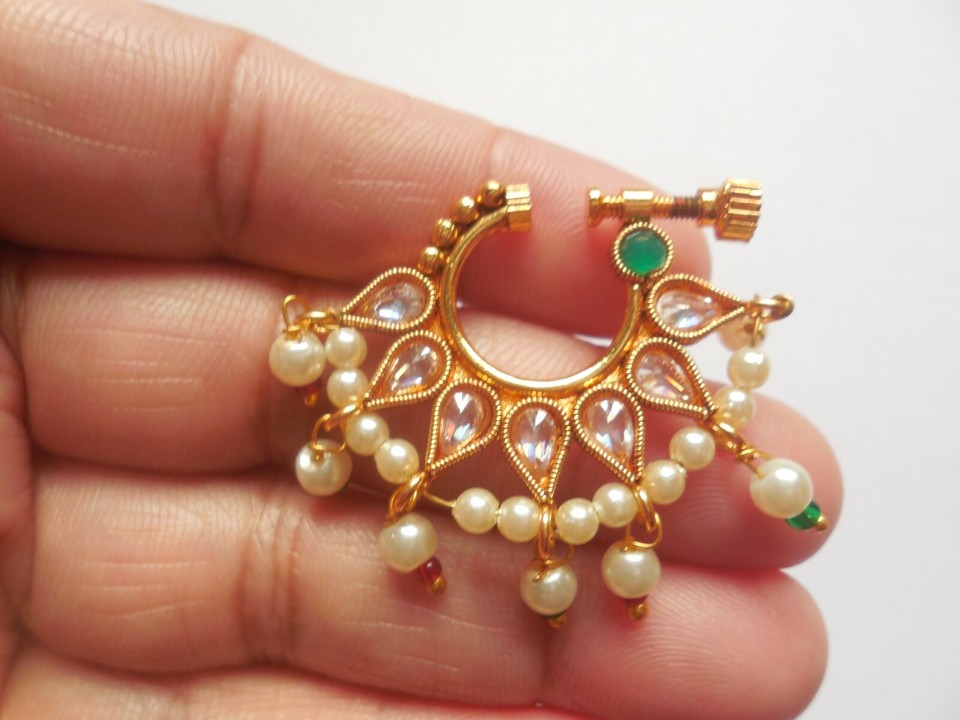 Pearl Screw Nose Ring Indian Nath Hoop Wedding Nostril Non Piercing ...