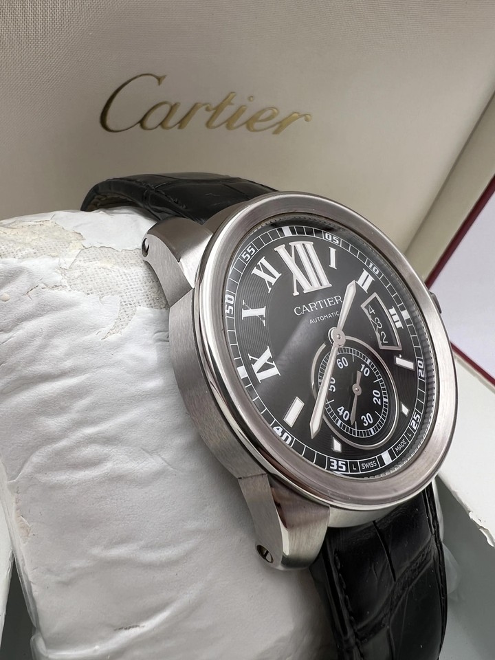 Cartier Calibre Black Dial Leather 42mm Men's Steel Watch Box W7100041 ...