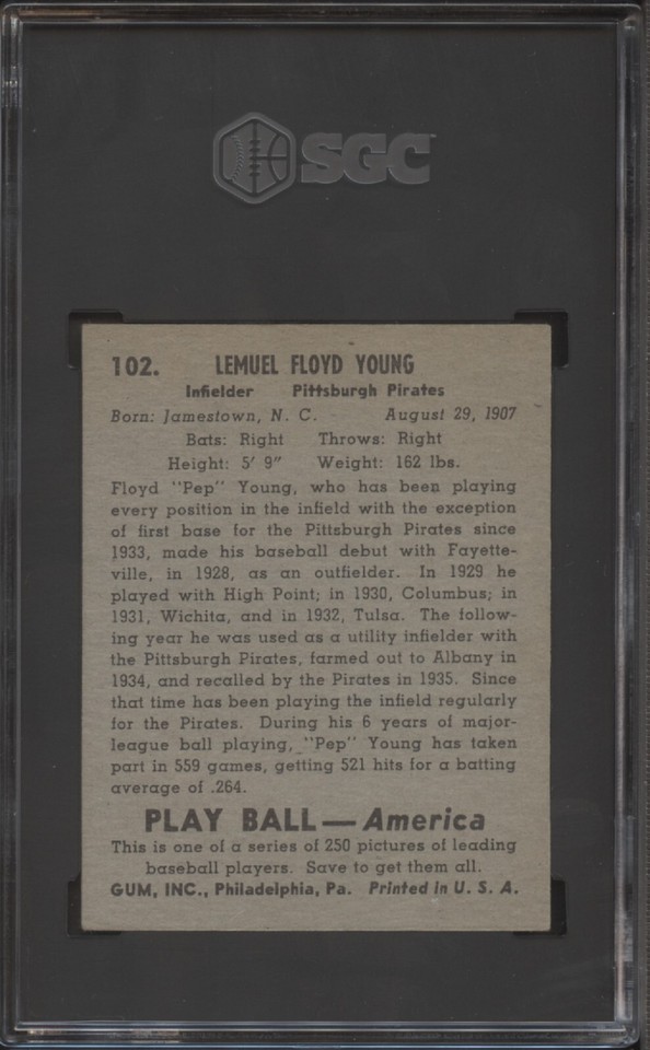1939 Play Ball #102 Lemuel (Pep) Young SGC 5 | eBay