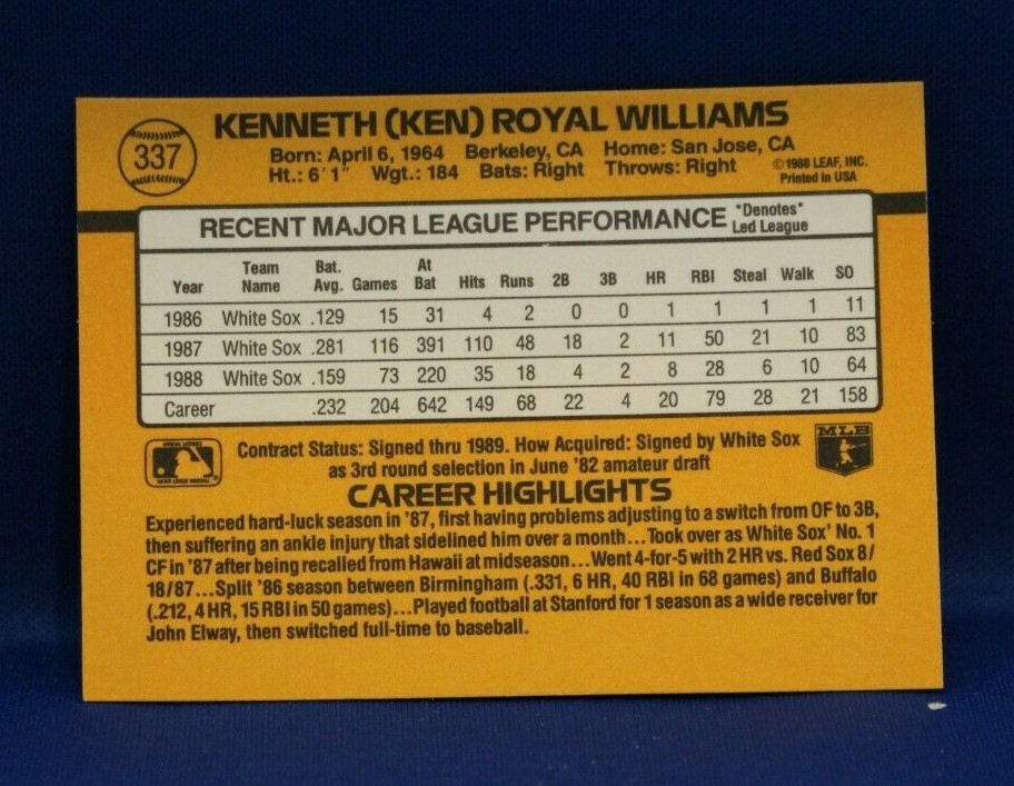 1989 Donruss (White Sox) Ken Williams Baseball card #337 | eBay