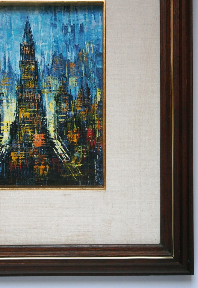 Vintage Modernist Brutalist Mid-Century Abstract Cityscape Oil Painting ...