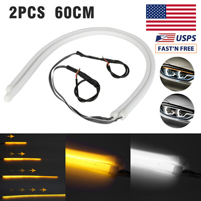2x 60cm LED Switchback DRL Tube Light Amber Strip Headlight Turn Signal ...