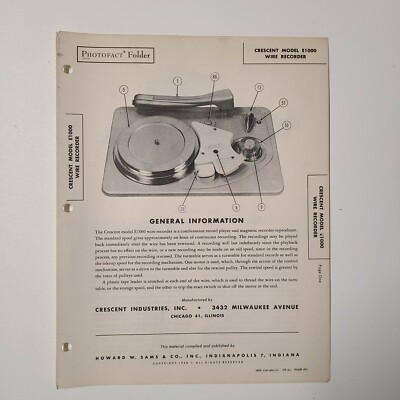 SAMS PHOTOFACT SERVICE MANUAL 41-25 CRESCENT MODEL E1000 WIRE RECORDER ...