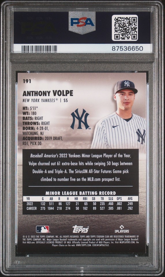 Anthony Volpe Yankees 2023 Topps Stadium Club Rookie Card #191 PSA 9 ...