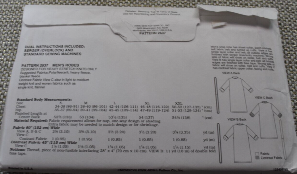 Kwik Sew Serge Pattern 2637 Men's Robe Sz S M L XL XXL Uncut | eBay