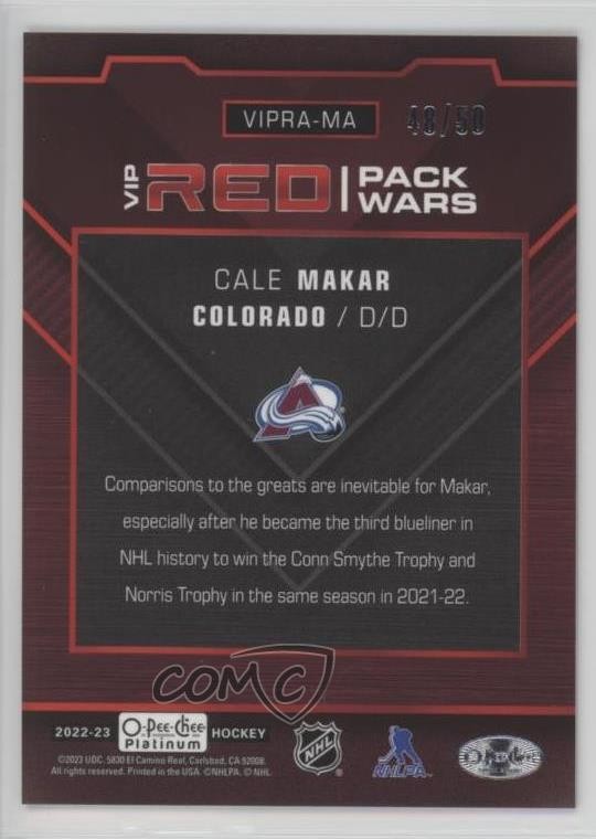 2022-23 O-Pee-Chee Platinum VIP Red Achievement 48/50 Cale Makar #VIPRA ...