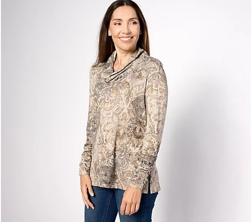 Susan Graver Sweater Knit Cowl Neck Long Sleeve Top-Sand/Smoke-XL ...