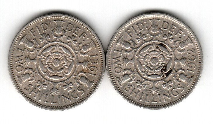 (2) Two Shilling Coins 1961 & 1962 Queen Elizabeth II UK England*Low ...