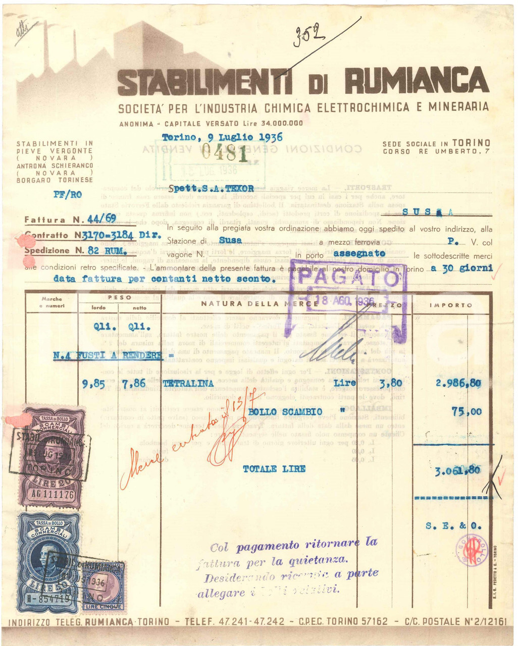1936 TORINO Corso Re Umberto 7 STABILIMENTI DI RUMIANCA - Fattura per ...