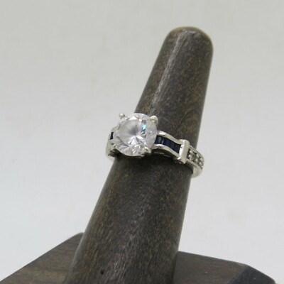 Designer Seta 925 Sterling Silver Round Clear Stone w/ Blue Accents Sz ...