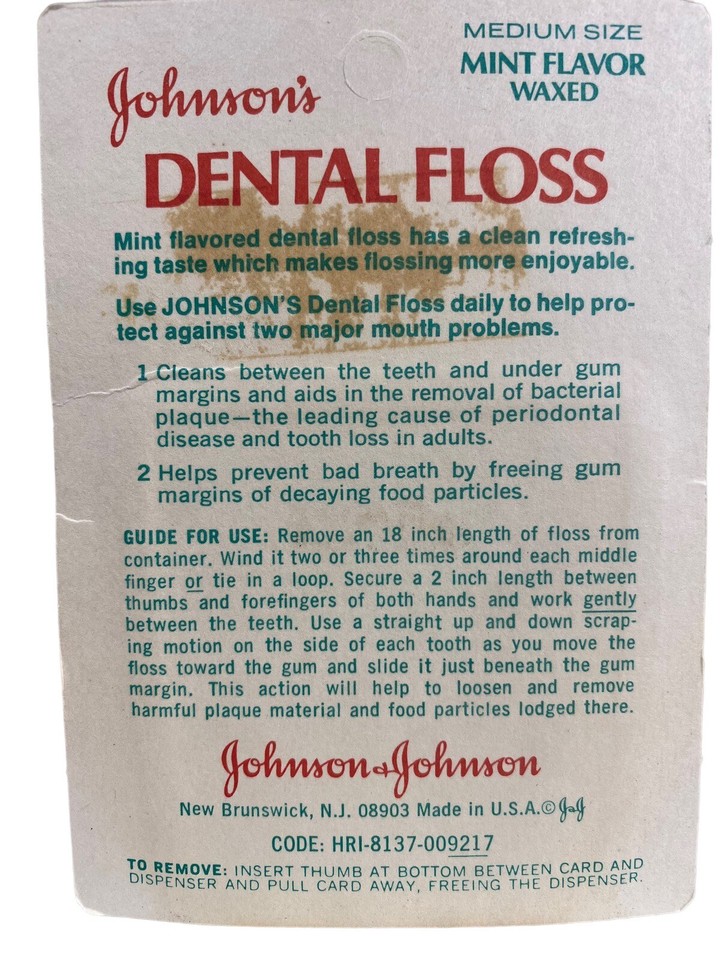 Vintage Johnson & Johnson Mint Flavor Waxed Medium Dental Floss 50 YD ...