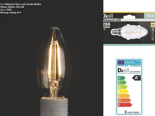 Pack of 5 Diall E14 LED Filament Candle Light Bulb 2W Warm White SES ...
