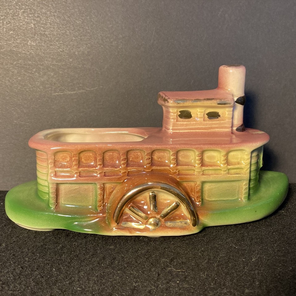Vtg American Bisque Multicolor Steamboat Planter Glazed Ceramic ...