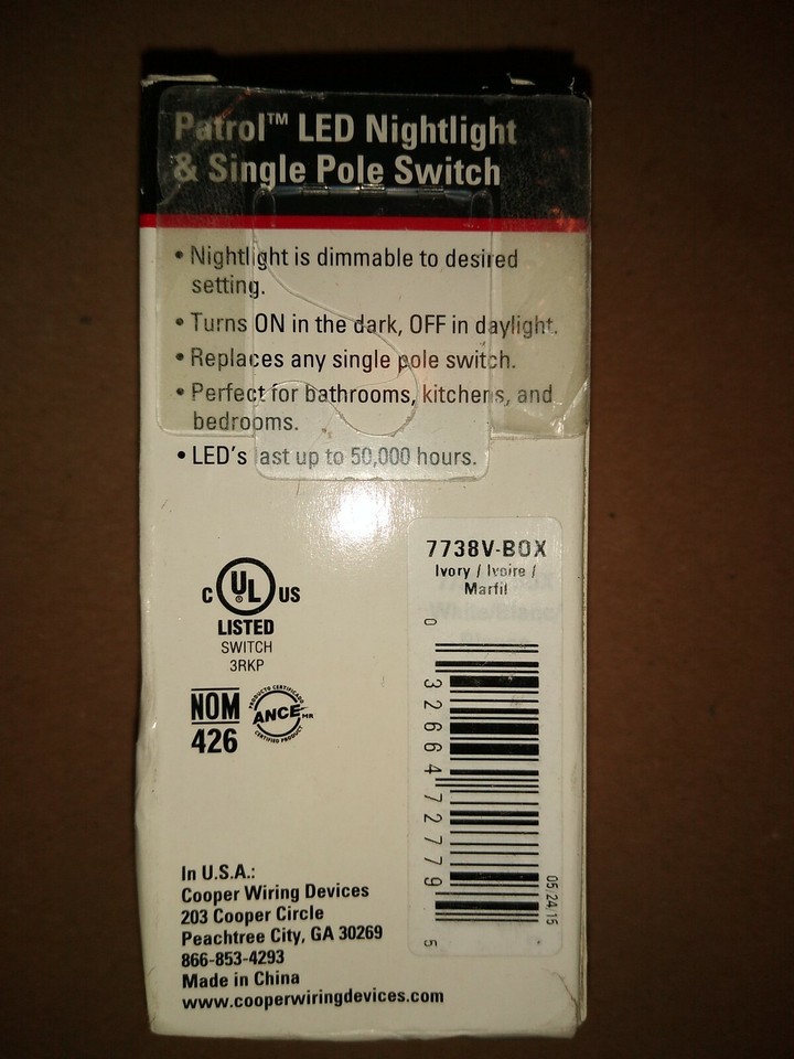Cooper Wiring 7738V-BOX Ivory LED Switch/Nightlight-Dimmable LED ...
