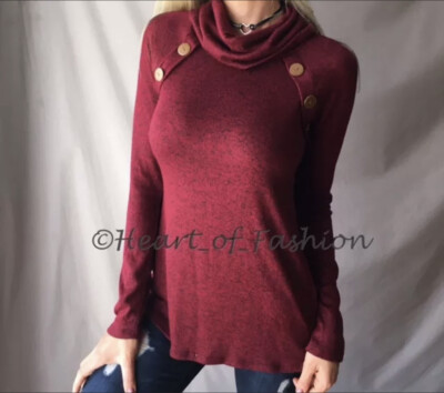 Women's Button Detail Mock Cowl Neck Long Sleeve Pullover Knit Sweater ...