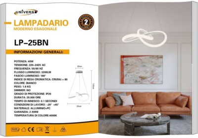 Lampadario UNIVERSO LED Bianco 40W 3200lm LP-25BN 55x120x20cm Design ...