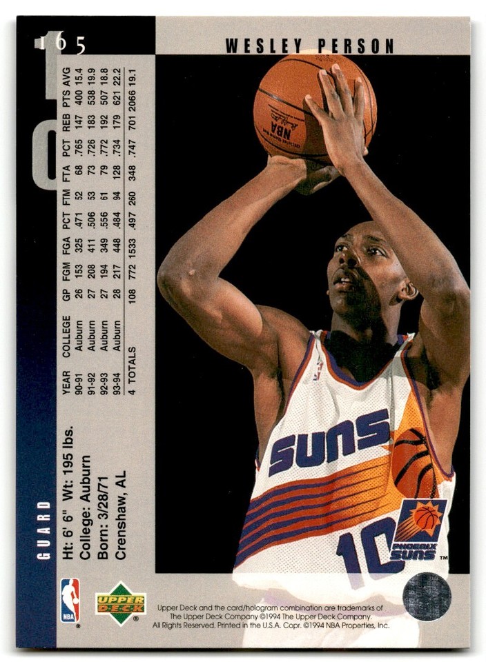 1994-95 Upper Deck Wesley Person Rookie Phoenix Suns #165 | eBay