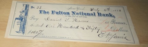 1882-Fulton National Bank-Daniel Havens Check-E.P Jarvis Signed ...