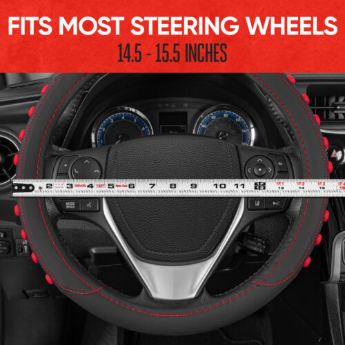 Motor Trend Black Leather Steering Wheel Covers with Red Traction Bumps ...