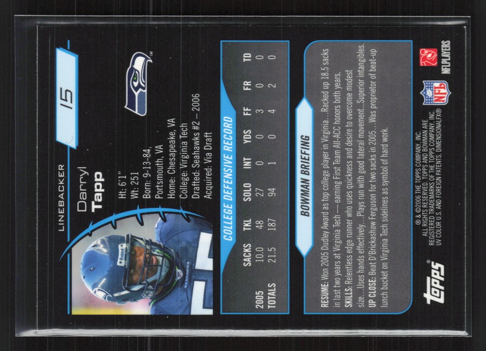 Darryl Tapp 2006 Bowman Chrome Rookie #15 Seattle Seahawks {0620 | eBay
