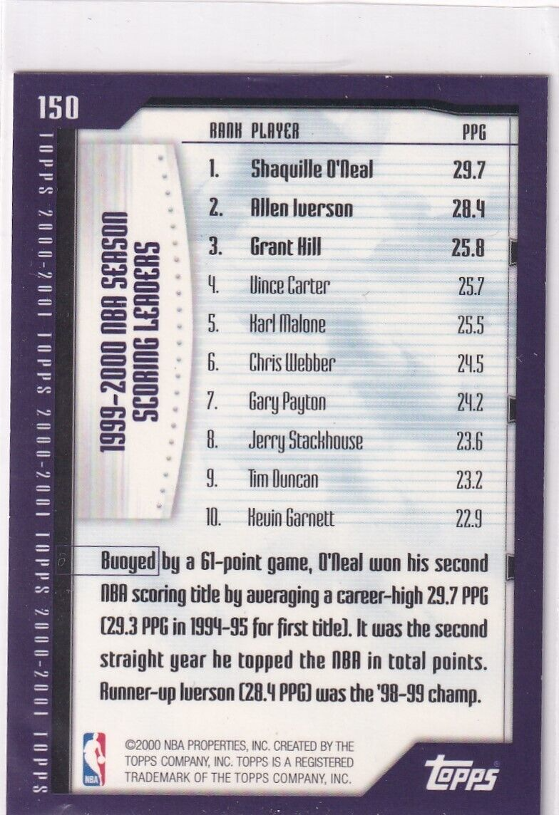 2000 NBA Topps Basketball Numéro 150 Shaquille O'Neal Allen Iverson ...