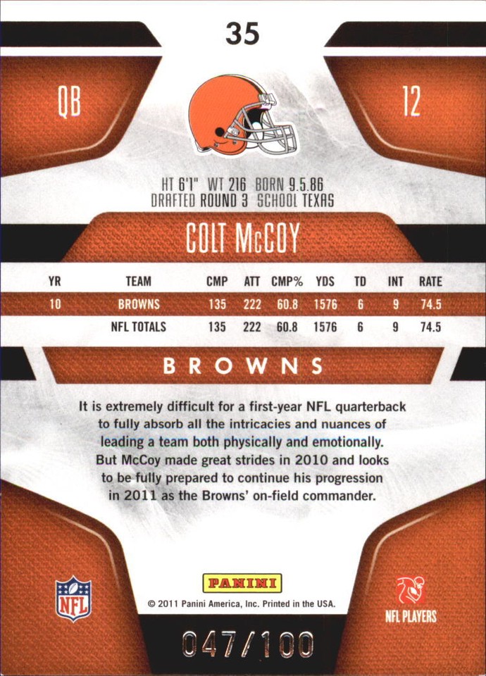 2011 Certified Platinum Blue Cleveland Browns Football Card #35 Colt ...