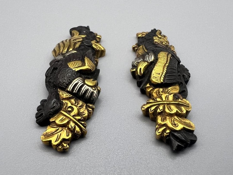 Edo Meiji Menuki Phoenix Landscape Inlay Gold Silver 4pc Hand Carved ...