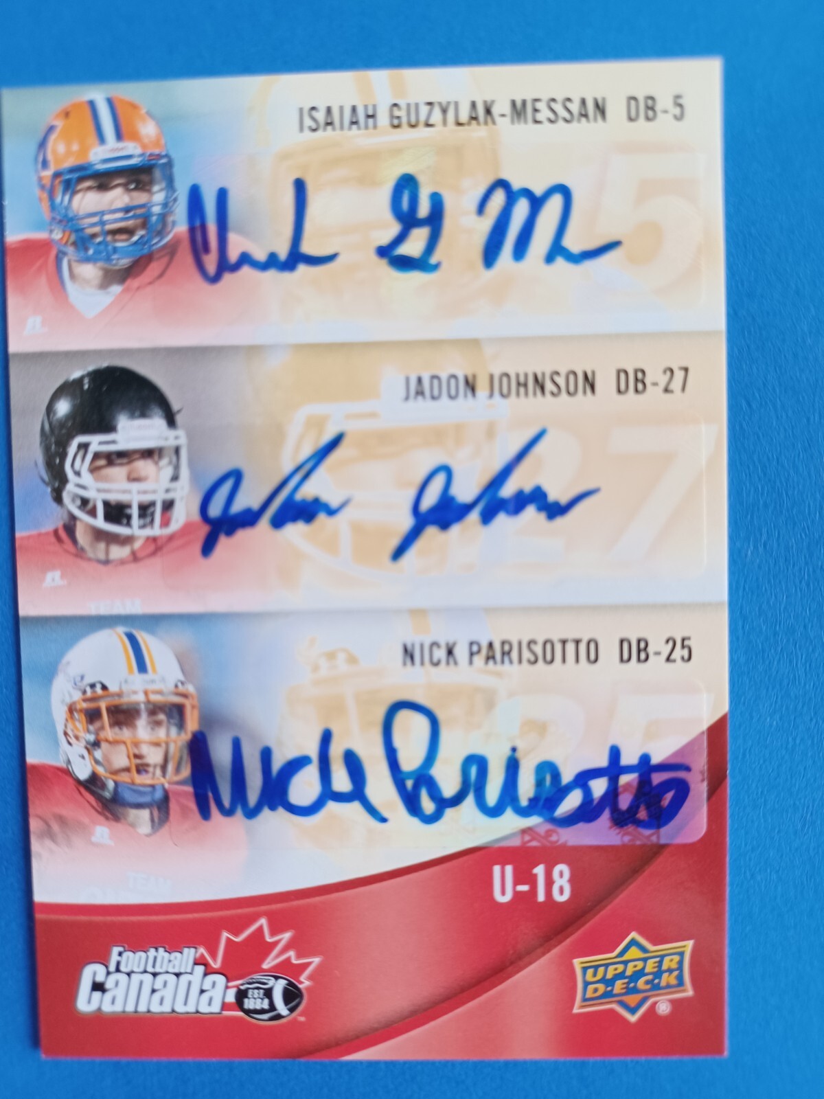 2013 UPPER DECK USA FOOTBALL TRIPLE AUTO GUZYLAK-MESSAN JOHNSON ...