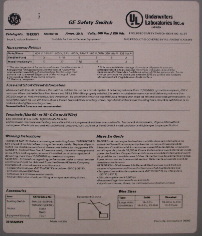 GE HD SAFETY SWITCH FUSIBLE, TH3361, MODEL 10, 30 AMP. 600V/250VDC AC ...