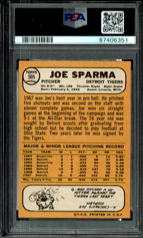 1968 TOPPS BASEBALL TIGERS WORLD SERIES JOE SPARMA #505 EX-MT CENTERED ...