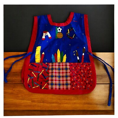 Vintage Children’s Art Smock Red & Blue Kids Apron ABC's Pockets Cotton ...