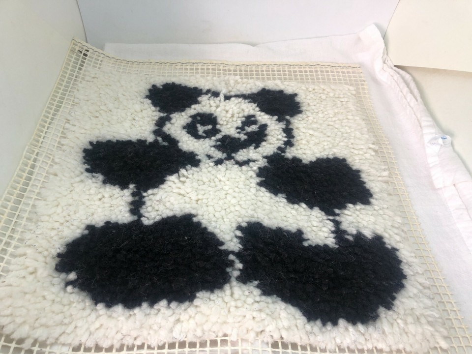 Vintage Panda Bear Latch Hook Rug Wall Hanging Carpet Shag Complete MCM ...