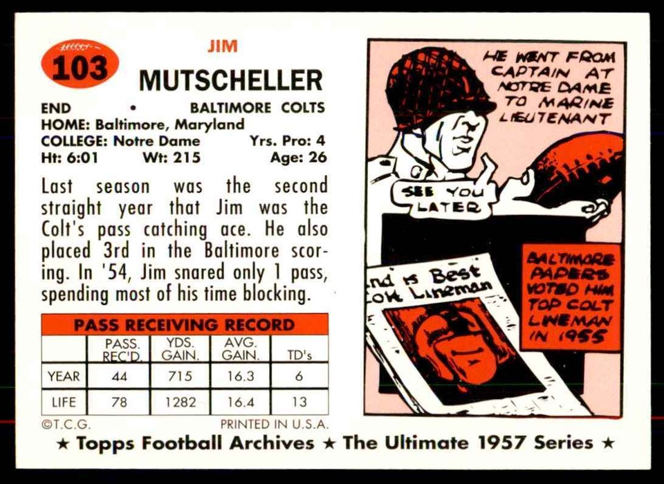 1957 TOPPS ARCHIVES JIM MUTSCHELLER BALTIMORE COLTS #103 | eBay