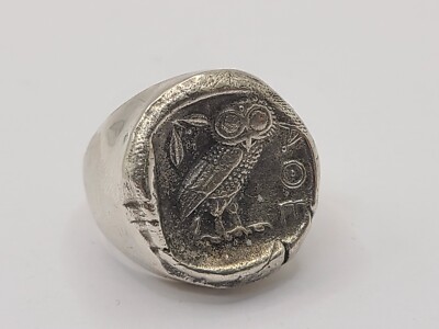 925 Owl of Athena Nike Goddess Minerva ancient coin copy Signet Ring sz ...