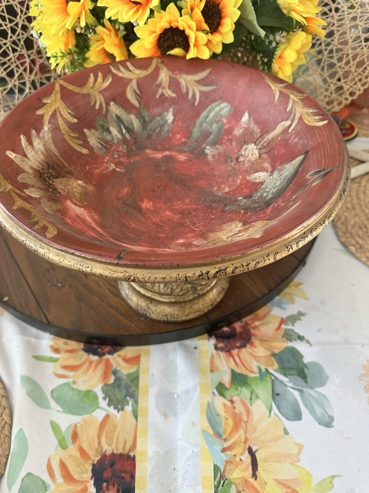 Vintage Hand-Painted Footed Pedestal Bowl-Red & Gold Floral/Ornate Home ...